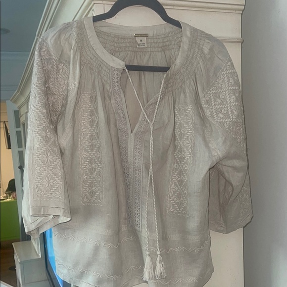 Magaschoni | Tops | Magaschoni Tan Smocked 34 Sleeve Blouse With Tie ...